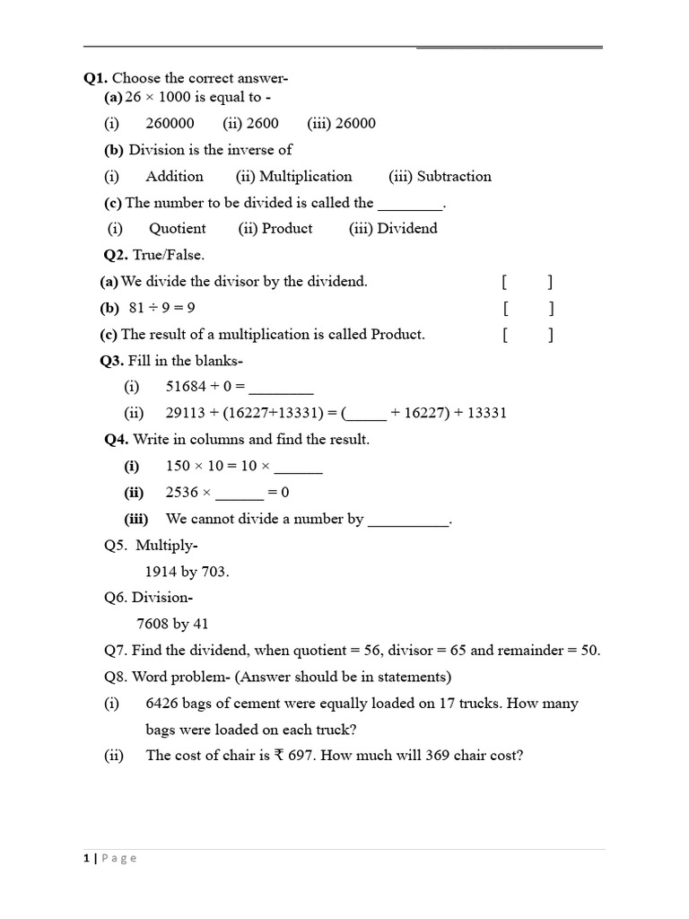 Class 4th Maths Worksheet-4 | PDF | Teaching Methods & Materials