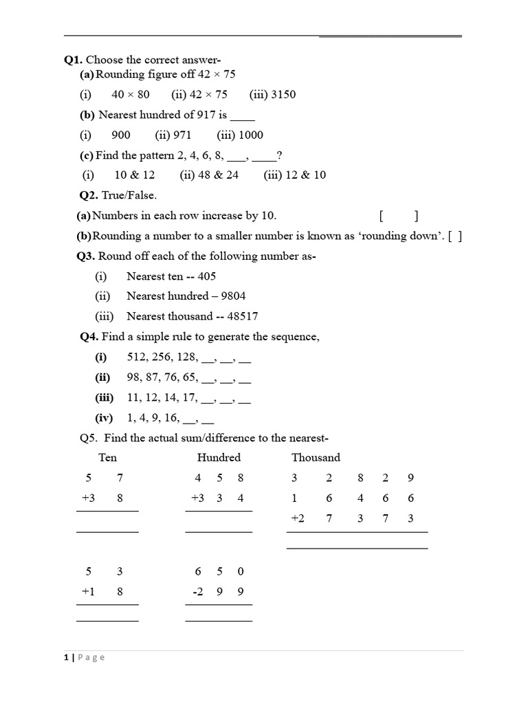 Class 4th Maths Worksheet-5-6 | PDF
