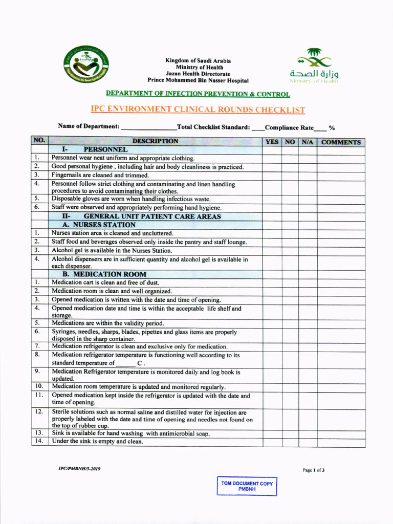 Ipc-Environment Clinical Rounds-1 Checklist03062019114859 | PDF ...