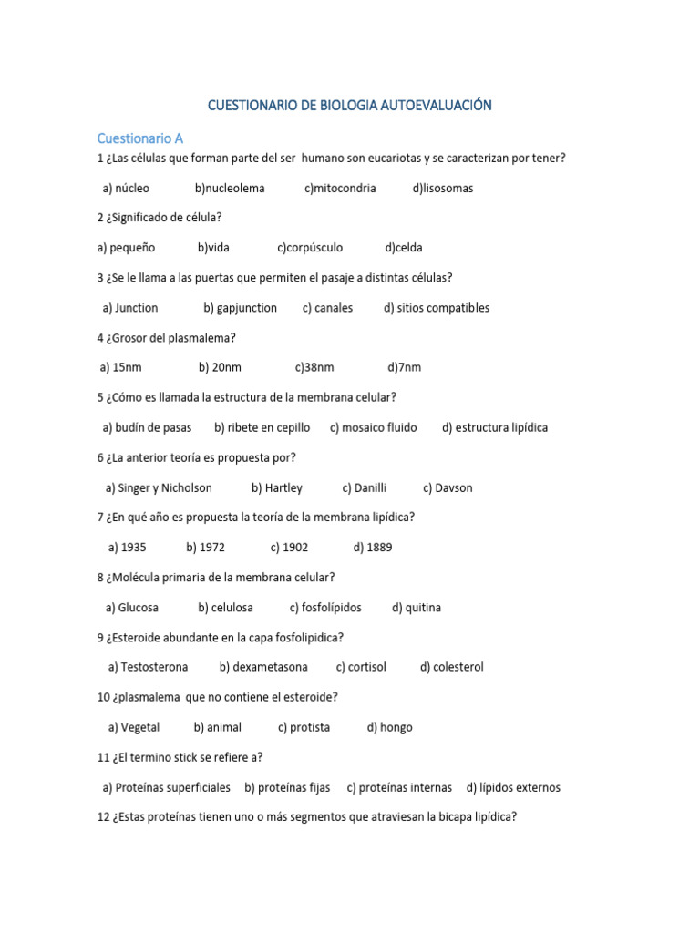 Cuestionario de Biologia Autoevaluacion | PDF