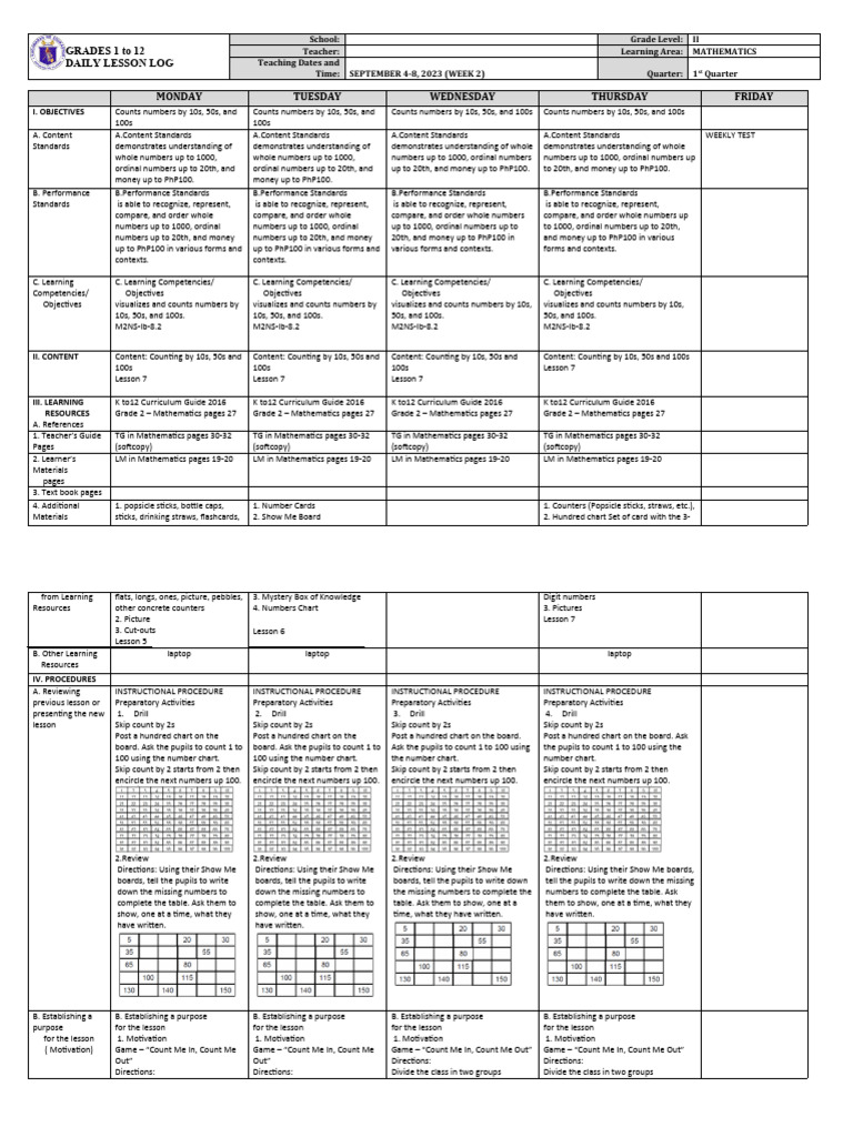 DLL - Mathematics 2 - Q1 - W2 | PDF | Curriculum | Behavior Modification