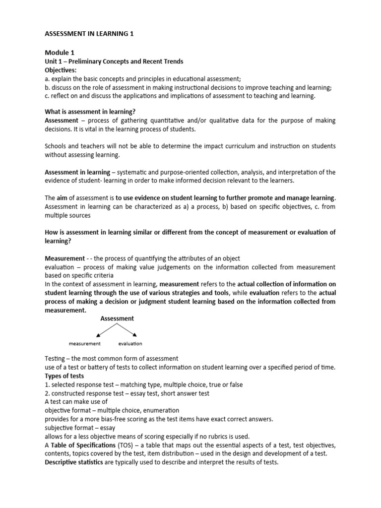 Module 1 Assessment In Learning 1 1 Pdf Educational Assessment Learning 