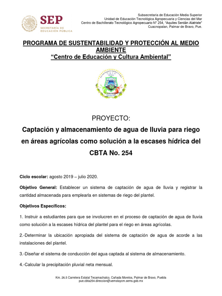 Proyecto de Captación de Agua de Lluvia CBTA 254 | PDF | Agua | Agricultura