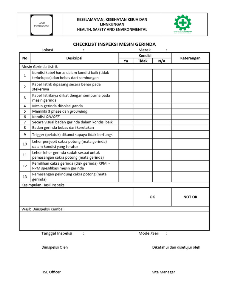 Checklist Inspeksi Mesin Gerinda | PDF