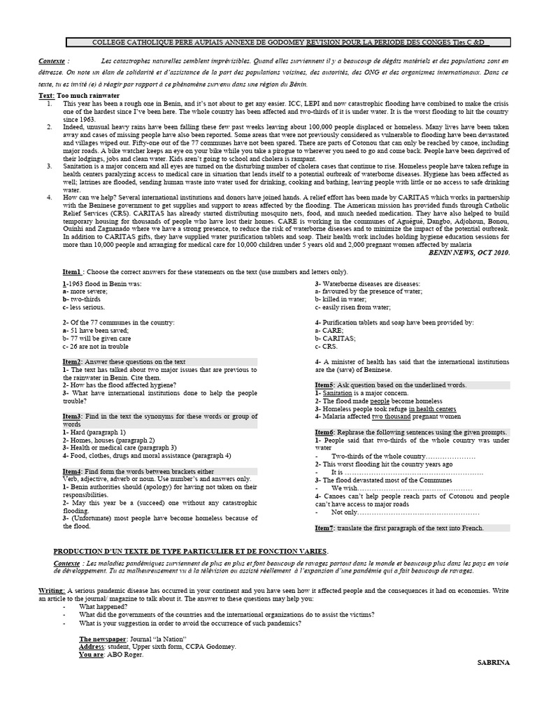 Covid-19 College Catholique Pere Aupiais Annexe de Godomey Revision ...