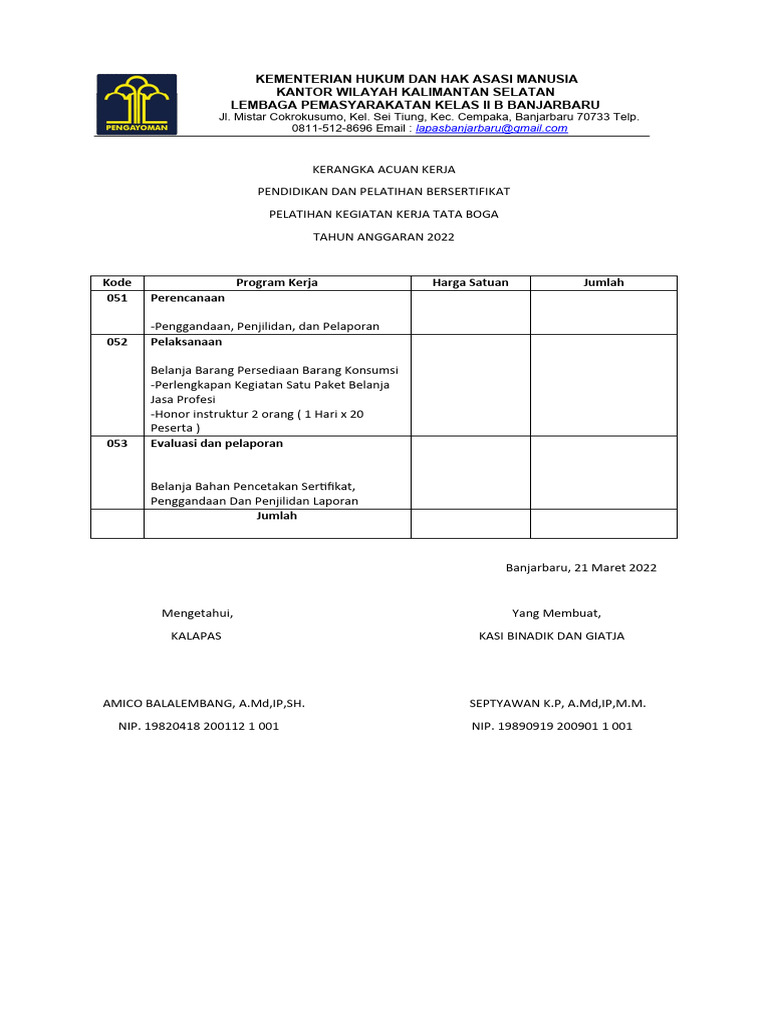Kerangka Acuan Kerja TATA BOGA 2022 | PDF
