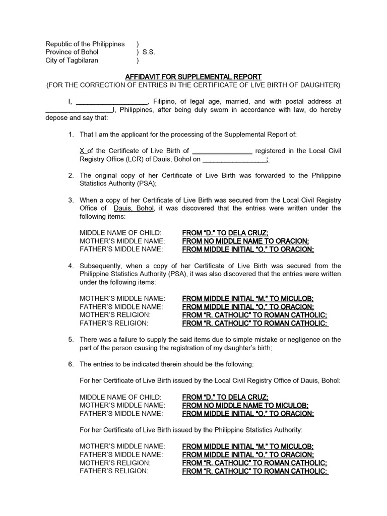 Affidavit For Supplemental Report For The Correction of Entries in The Certificate of Live Birth ...