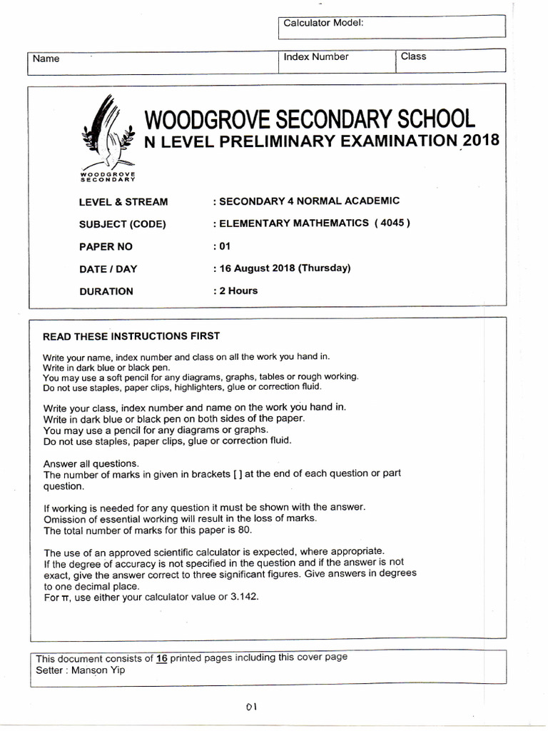 E-Math Sec 4 Na Sa2 2018 Woodgrove Sec | PDF