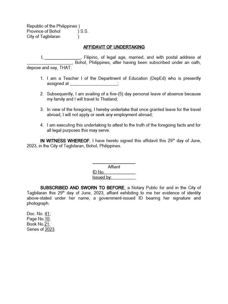 Affidavit of Undertaking for Leave | PDF