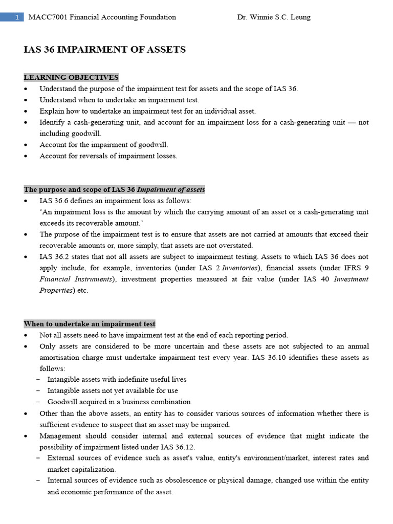 0926 IAS 36 Impairment of Assets Lecture Notes (Student Copy) | PDF