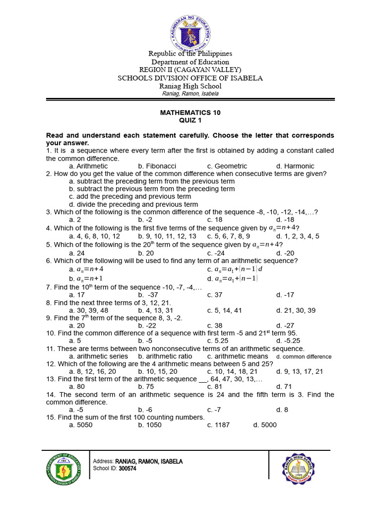 Math 10 Q1 Quiz 1 Pdf Mathematical Concepts Mathematical Objects