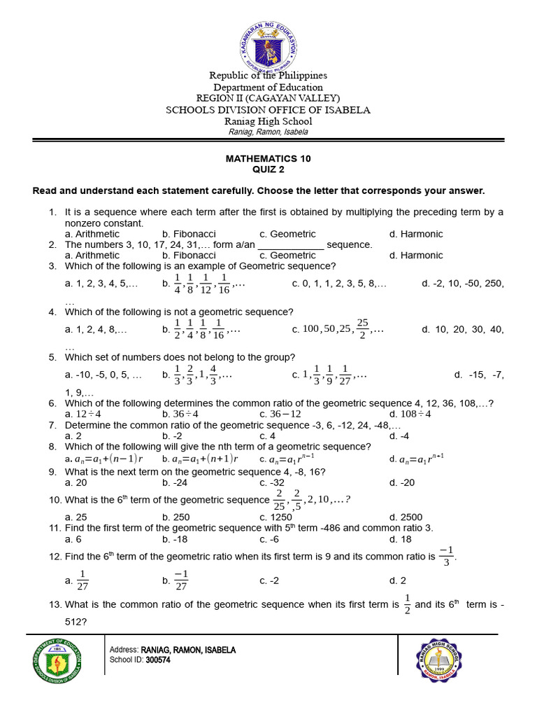 Math 10 Q1 Quiz 2 | PDF