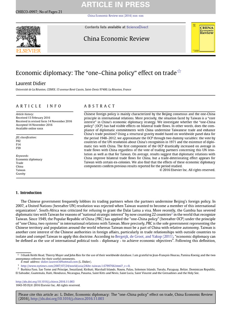 Economic Diplomacy: The "One-China Policy" Effect On Trade | PDF ...