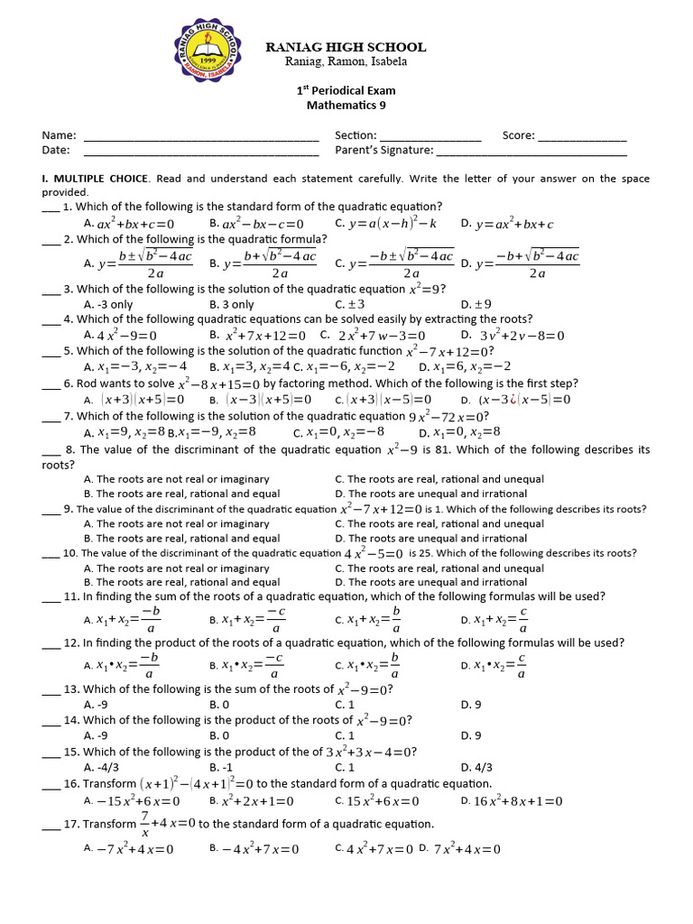 G9 Q1 Exam | PDF | Quadratic Equation | Equations