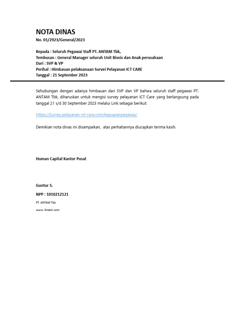 Nota Himbauan Mengikuti Survey ICT Care | PDF
