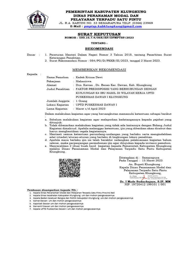 Surat Keputusan: Pemerintah Kabupaten Klungkung Dinas Penanaman Modal Dan Pelayanan Terpadu Satu ...