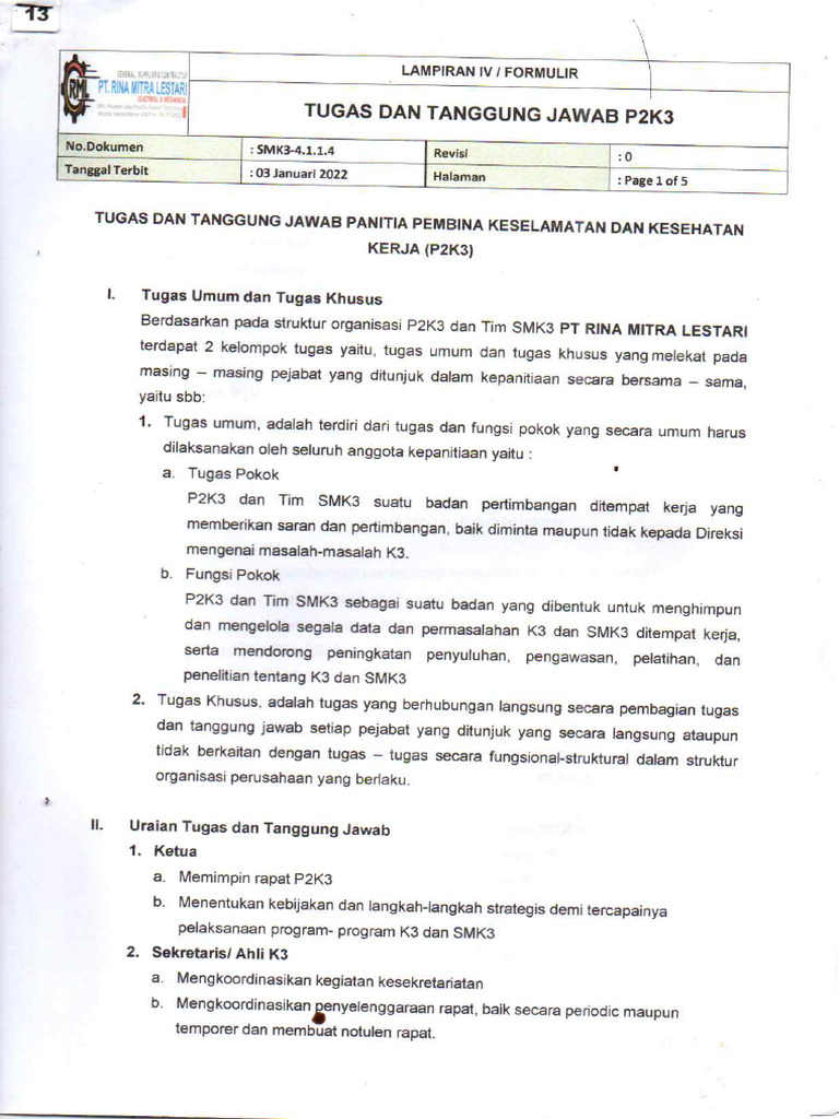 Tugas Dan Tanggung Jawab P2K3 | PDF