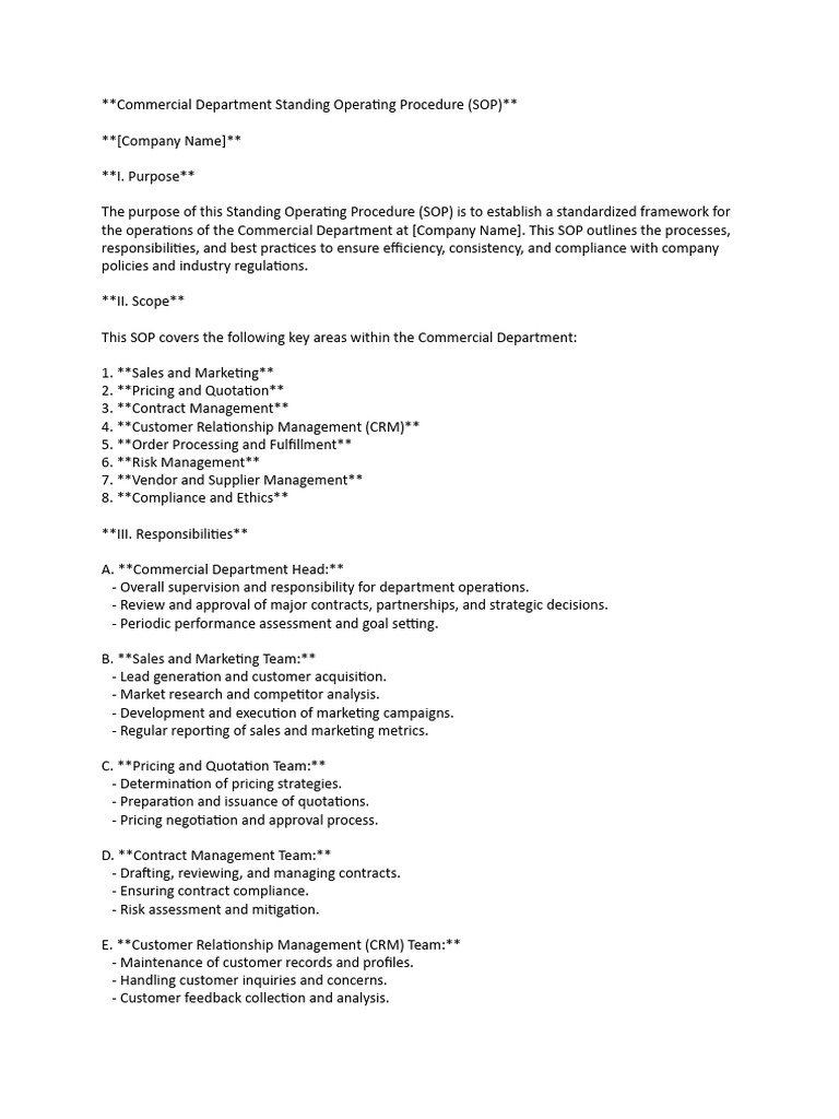 Commercial Department Standing Operating Procedure | PDF