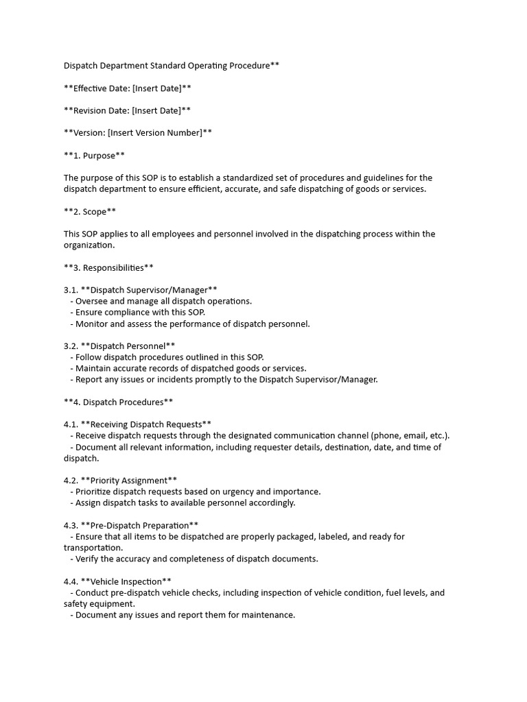 Dispatch Department Standard Operating Procedure | PDF