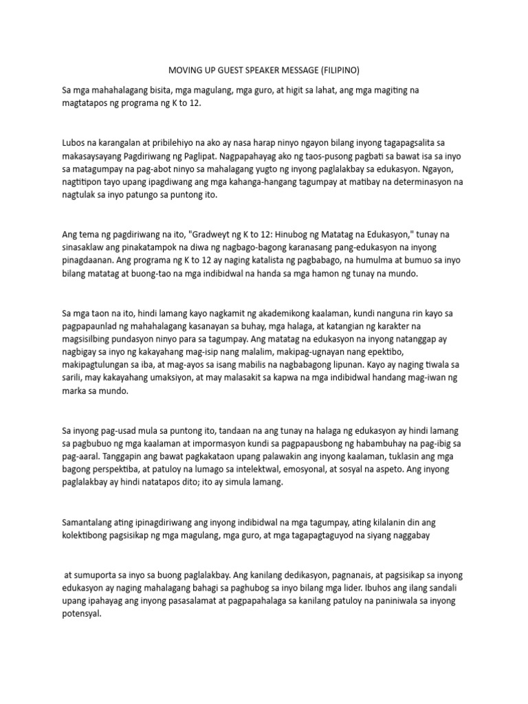 Moving Up Guest Speaker Message Filipino | PDF