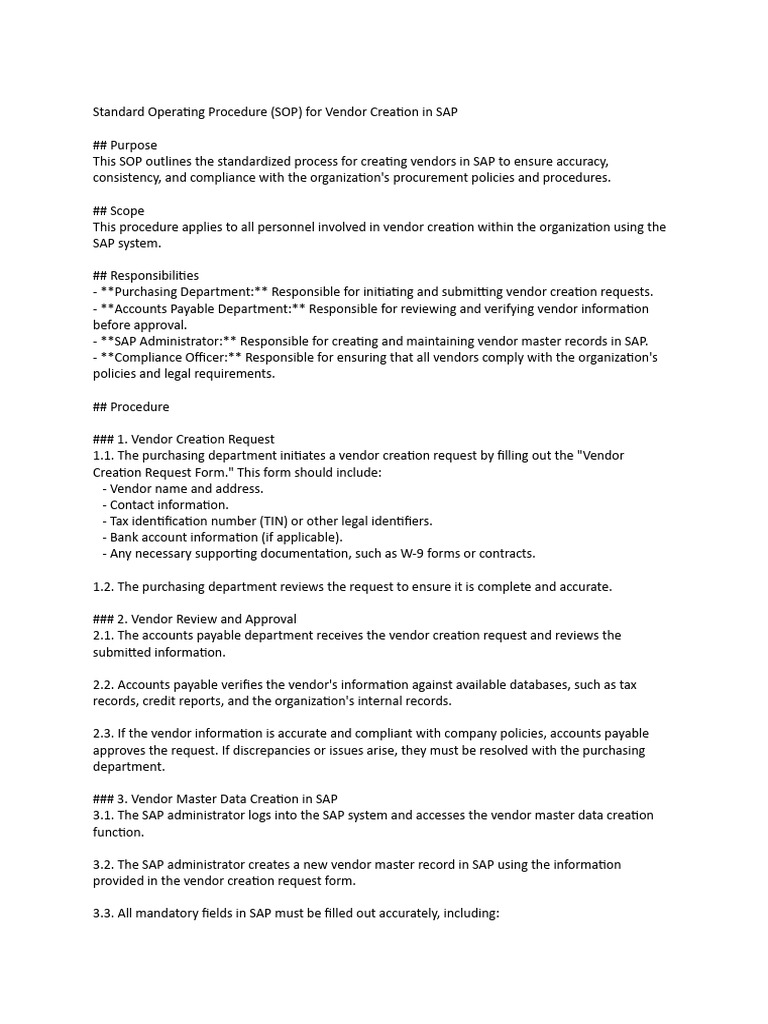 Standard Operating Procedure (SOP) For Vendor Creation in SAP | PDF ...