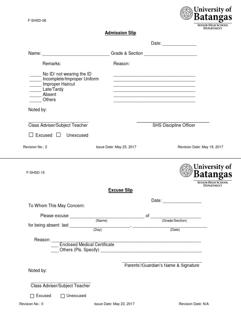 Admission and Excuse Slip Template | PDF | Career & Growth | Business