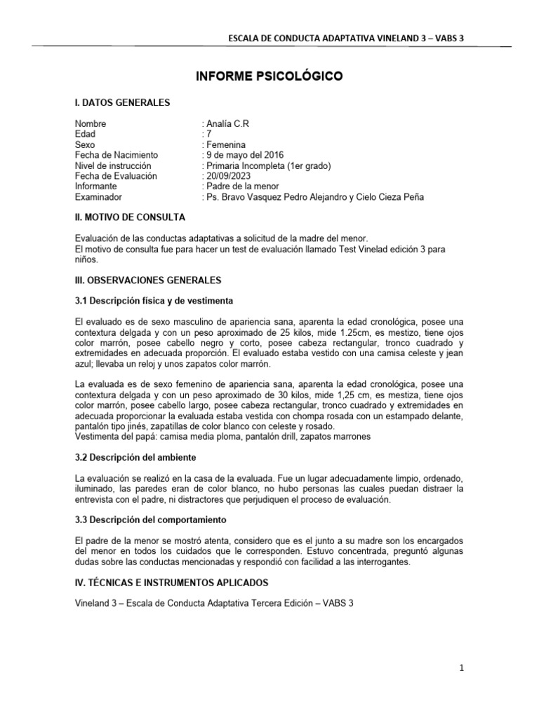 INFORME FINAL VINELAND 3 - VABS 3 Pruebas 2 | PDF | Comunicación ...