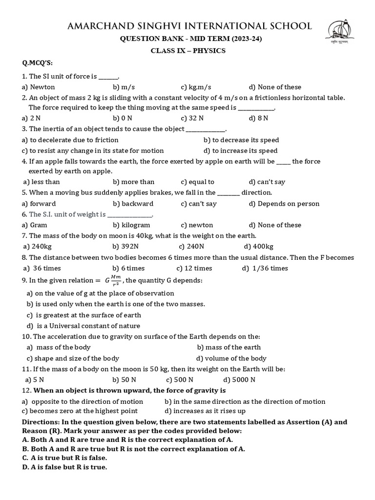 Class IX-Mid Term QB - Physics (2023-24) | PDF | Force | Mass