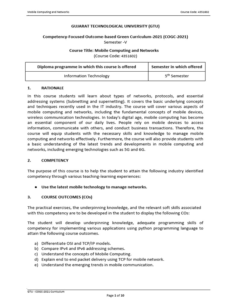Mobile Computing and Networks IT BRanch | PDF | Computer Network | Internet Protocol Suite