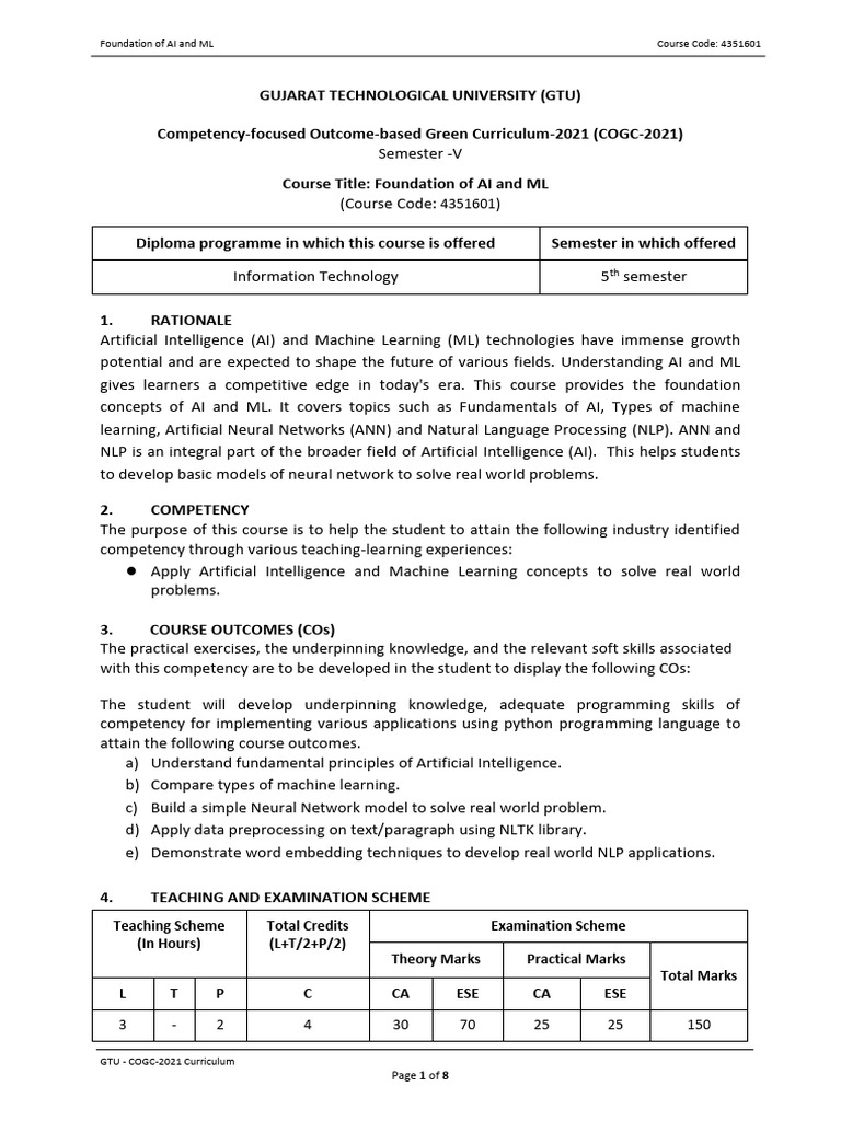 4351601 Foundation of AI and ML | PDF