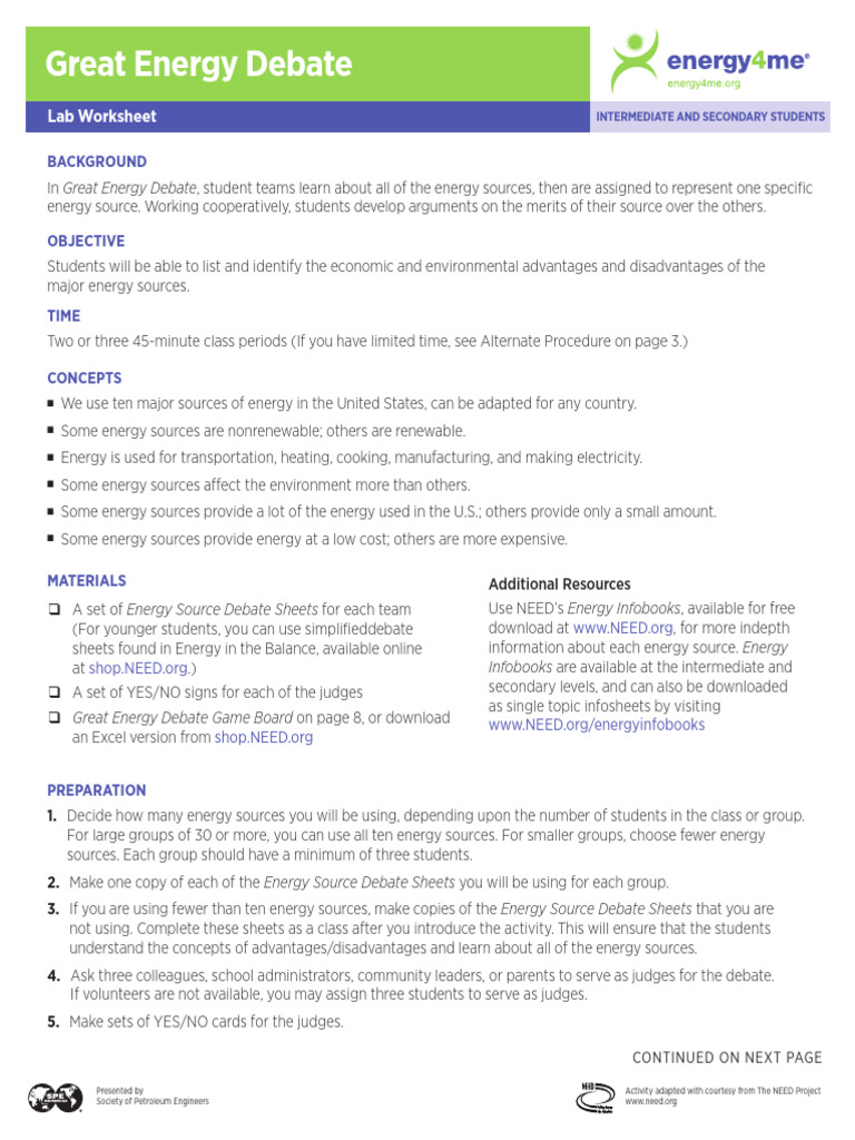 Great Energy Debate Worksheet | PDF