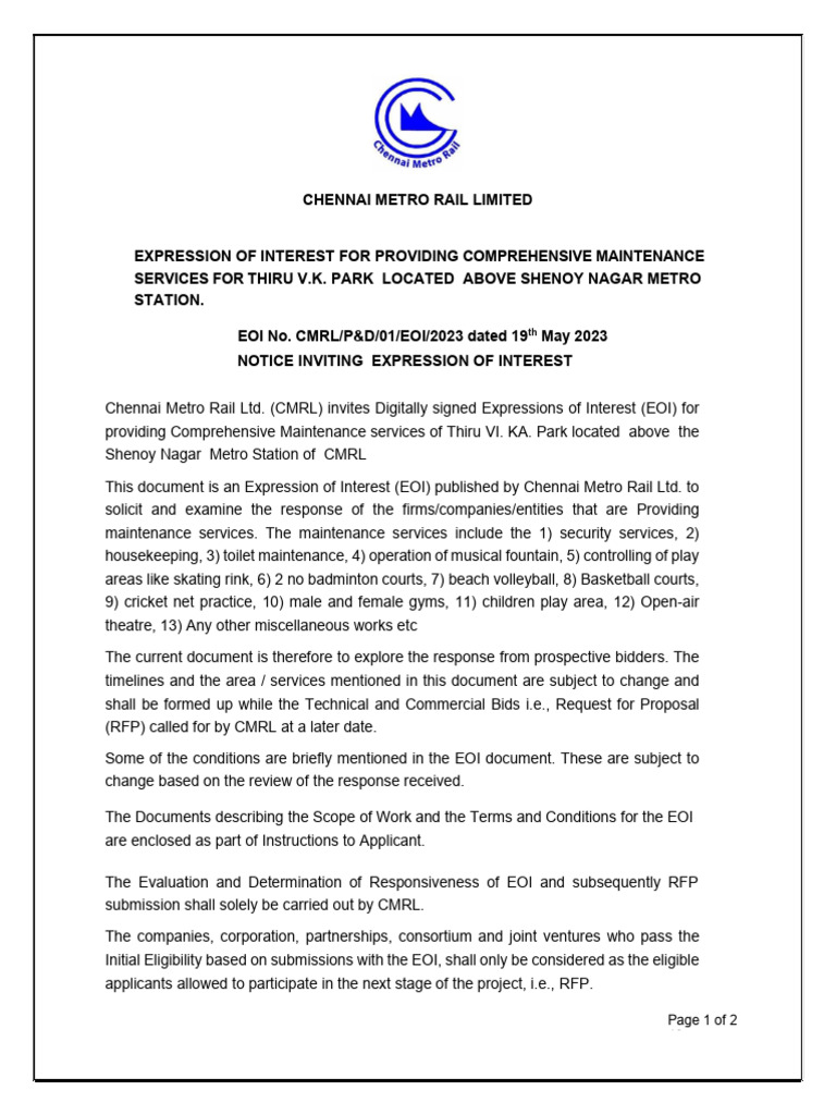 Notice Inviting EOI in CMRL Website | PDF