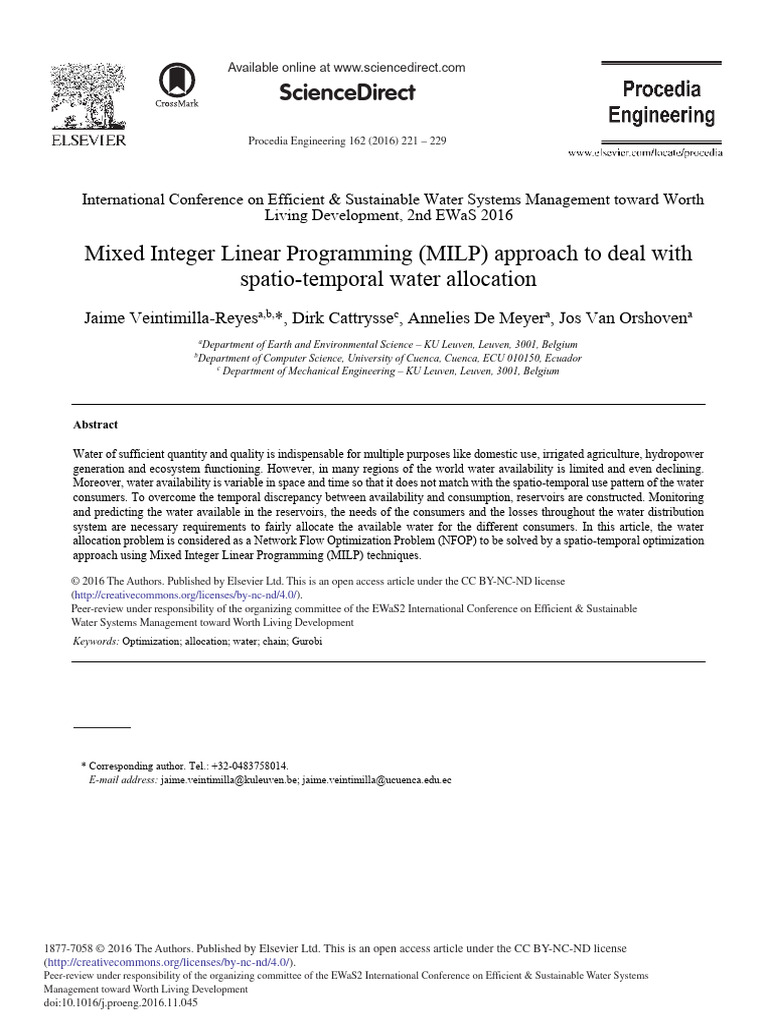 Mixed Integer Linear Programming Milp Approach To Deal With Spatio Temporal Water Allocation Pdf