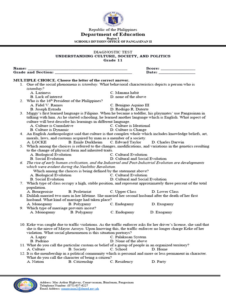 Grade 11 - Ucsp - Diagnostic Test | PDF | Governance | Society