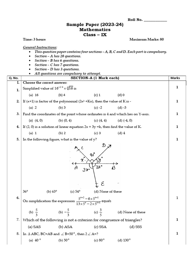 Sample Paper Maths Class 9th (2023-24) | PDF | Triangle | Classical Geometry