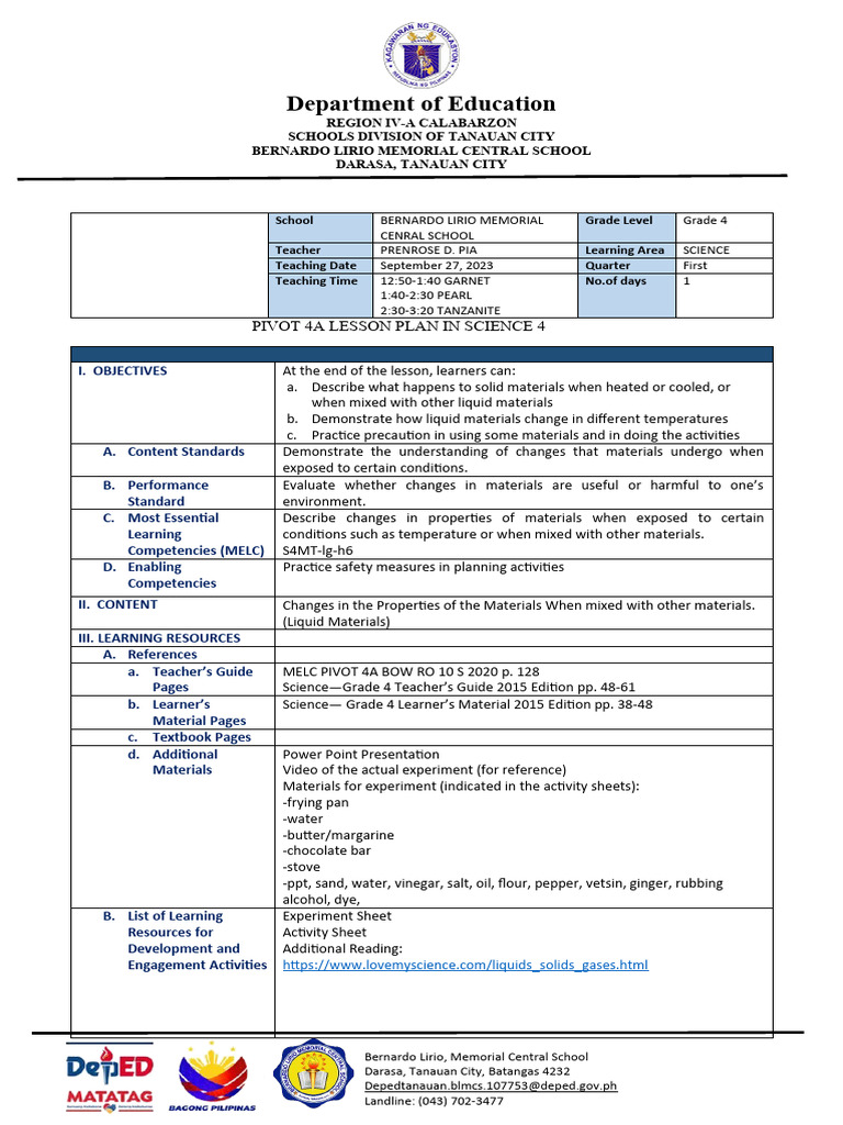 Science 4 Week 5 Pivot 4a Lesson Plan | Download Free PDF | Water | Liquids