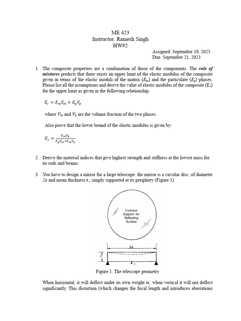 ME 423 Instructor: Ramesh Singh HW#2 | PDF | Elasticity (Physics) | Mirror