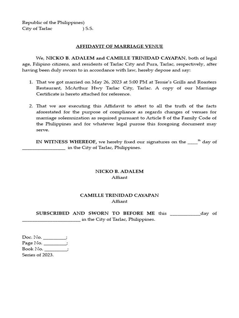 Affidavit of Marriage Venue | PDF | Affidavit | Justice