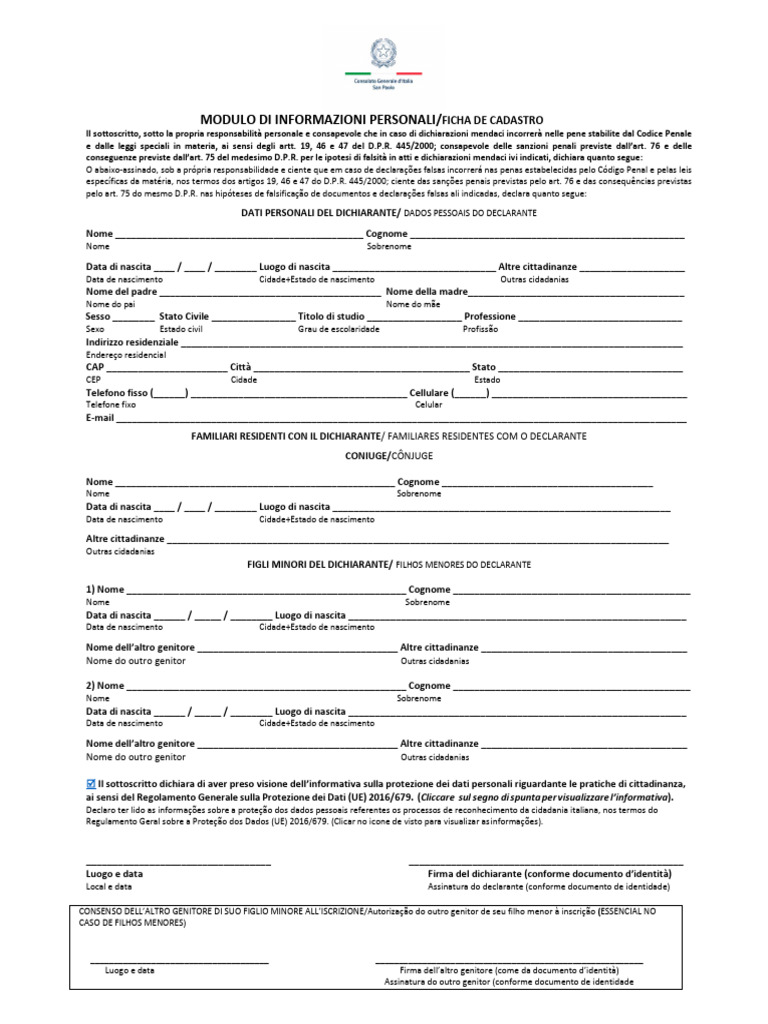 Ficha de Cadastro - Consulado Italiano | PDF