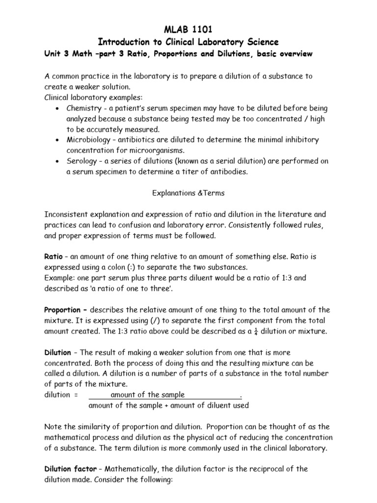 Unit 3 Laboratory Math Part 3 - Ratio, Proportions, and Dilutions | PDF