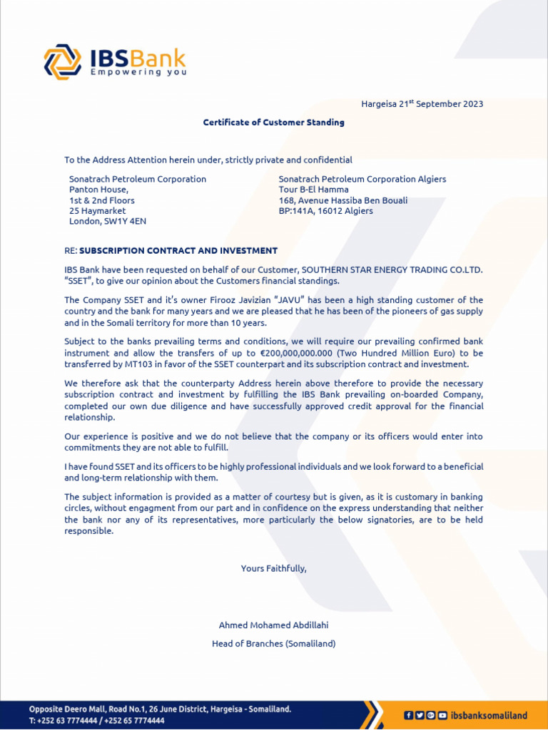 Certificate of Customer Standing for SSET | PDF