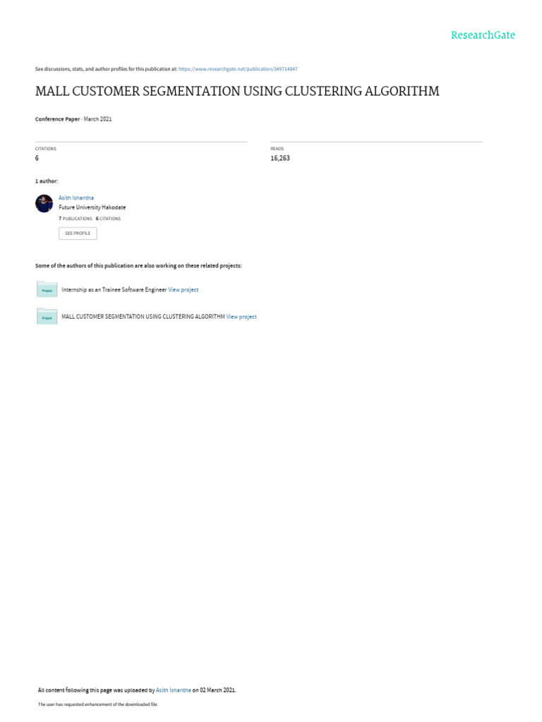 Mall Customer Segmentation Using Clustering Algorithm: March 2021 | PDF ... Mall Customer Segmentation Using Clustering Algorithm: March 2021 | PDF ...