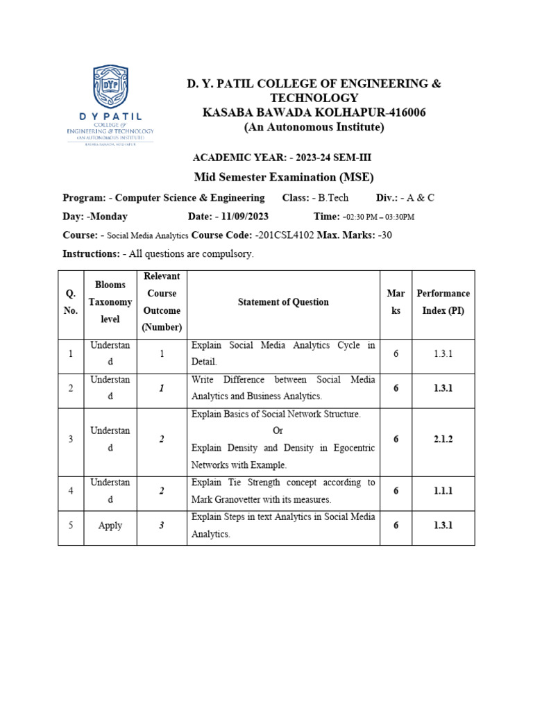 Sma Mse Question Paper | PDF