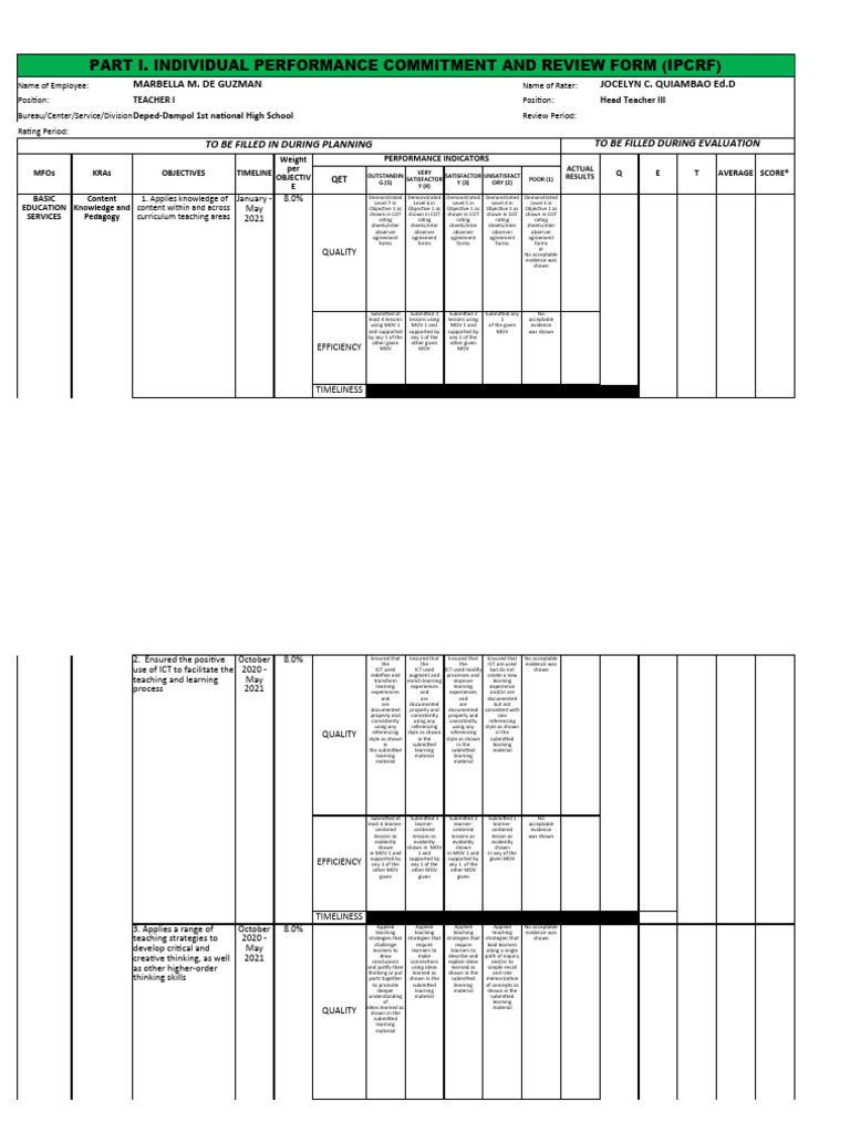 IPCRF for Teacher Performance Review | PDF