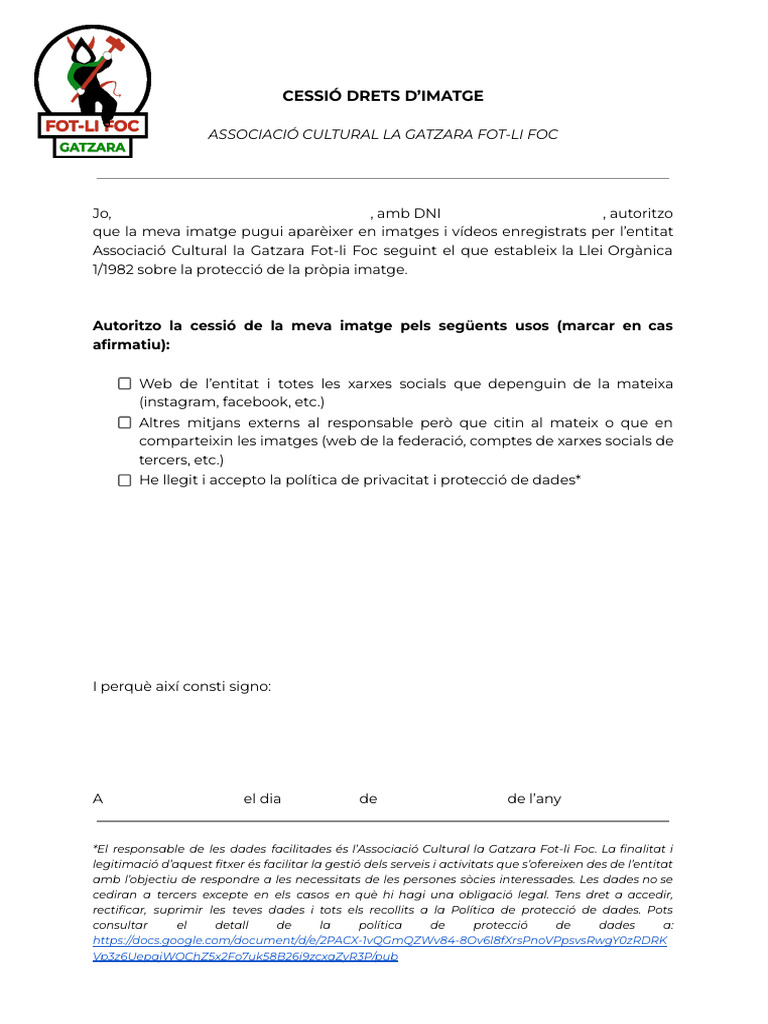 Cessió drets d'imatge - Associació Cultural la Gatzara Fot-li Foc | PDF