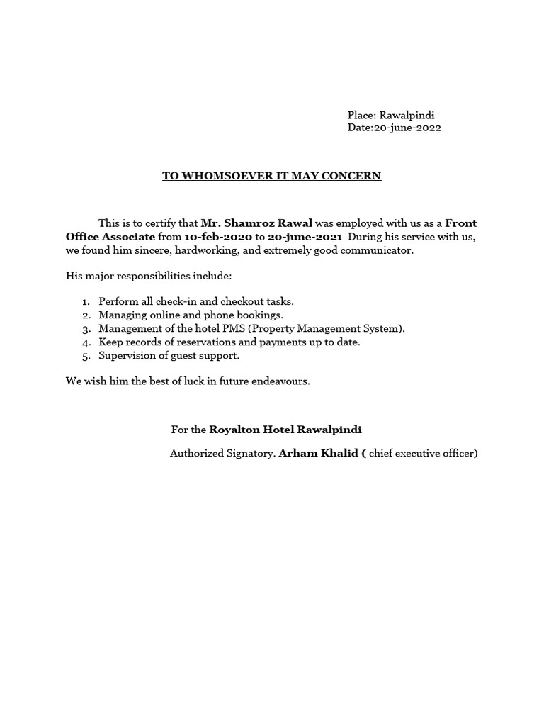 Hotel Experience Certificate for Front Office | PDF