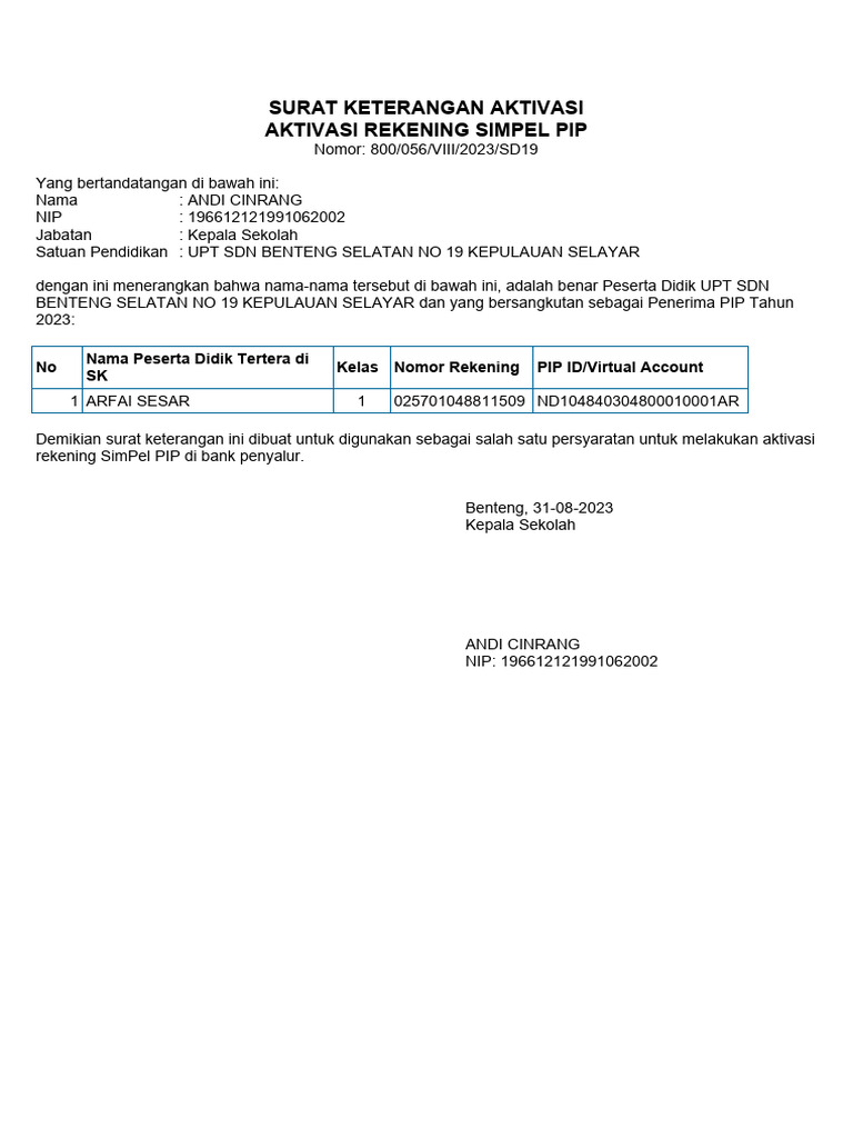 Surat Keterangan Aktivasi Aktivasi Rekening Simpel Pip | PDF