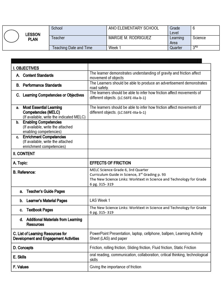 3RD QUARTER SCIENCE 6 FRICTION Lesson Exemplar | Download Free PDF ...