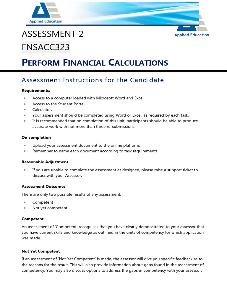 FNSACC323 Assessment 2 v1.0 | PDF | Microsoft Excel | Spreadsheet