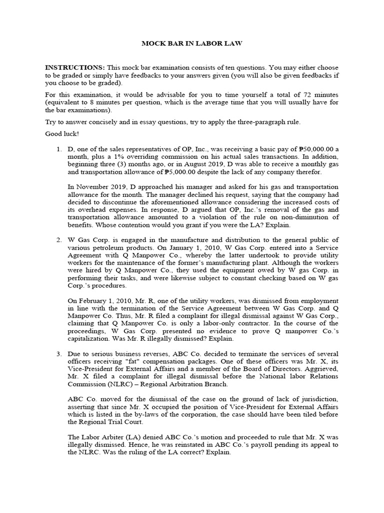 Mock Bar in Labor Law - 2020 | PDF